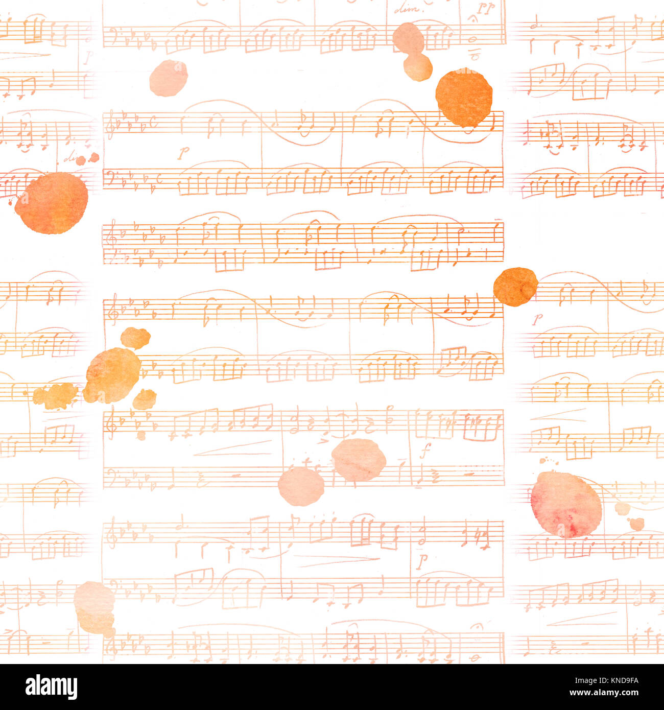 Seamless background pattern with golden sheet music and ink stains ...