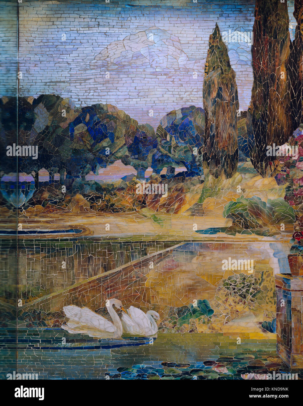 This painting depicts a tranquil garden with detailed natural elements ...