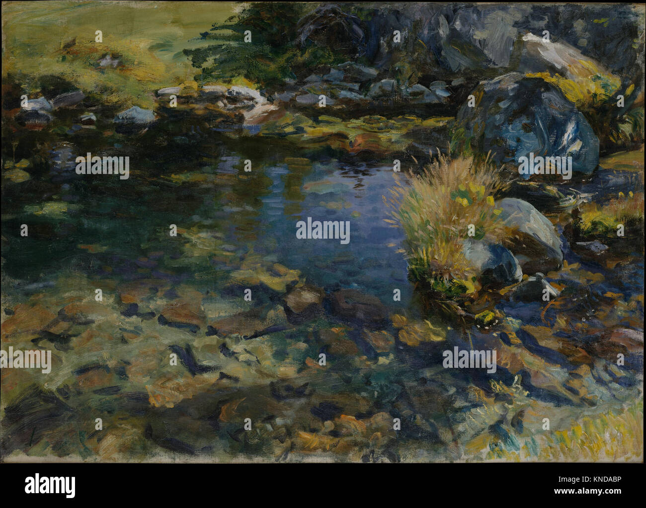 This painting, 'Alpine Pool,' features a serene mountain landscape ...
