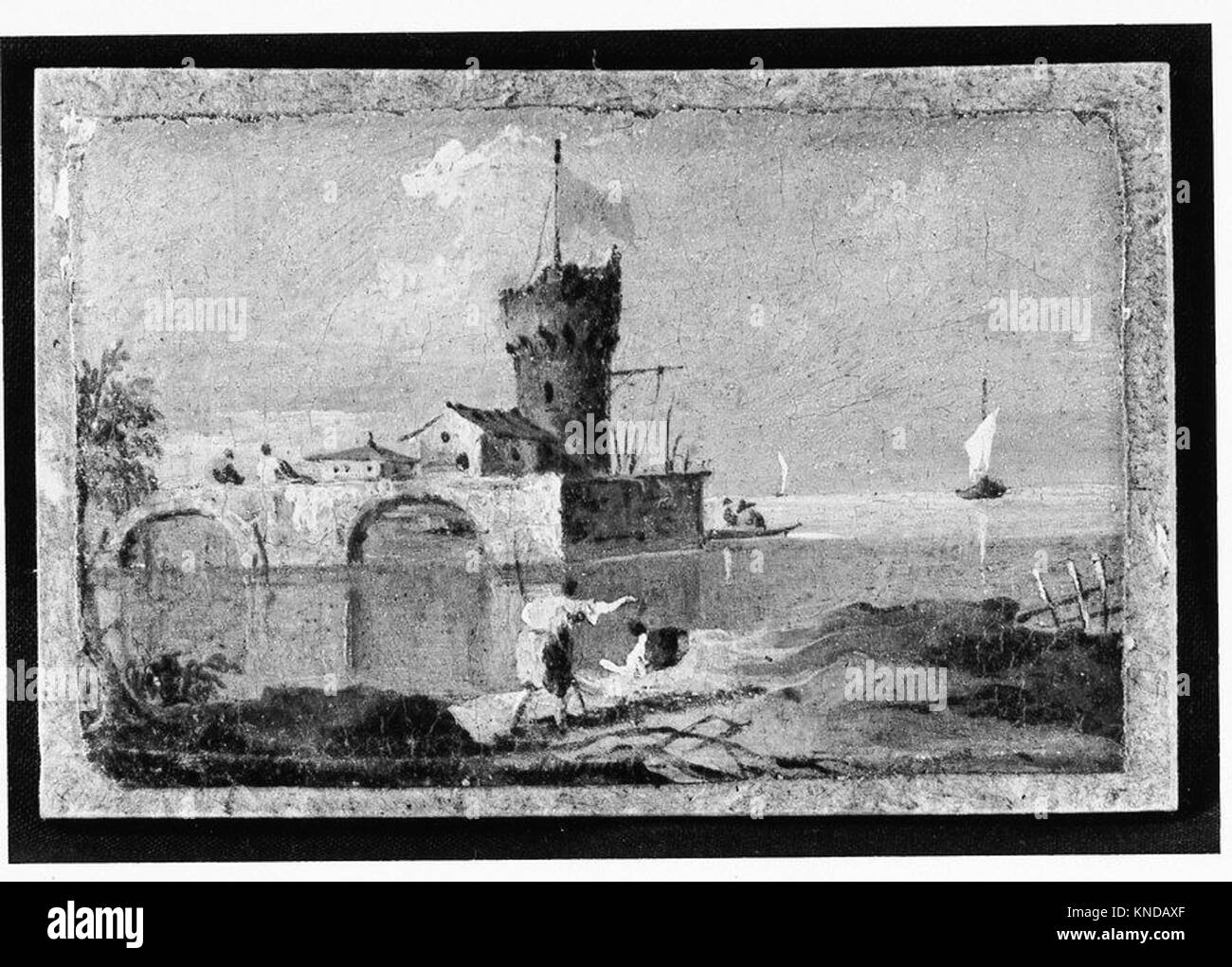 This capriccio painting features a circular tower, two houses, and a ...