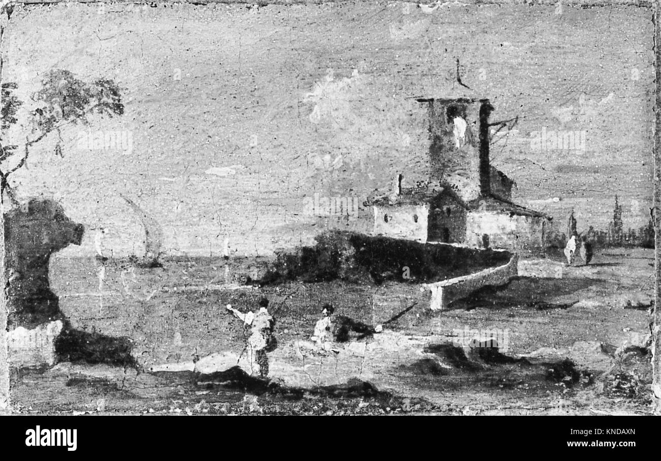 This capriccio depicts a square tower and two houses, blending ...