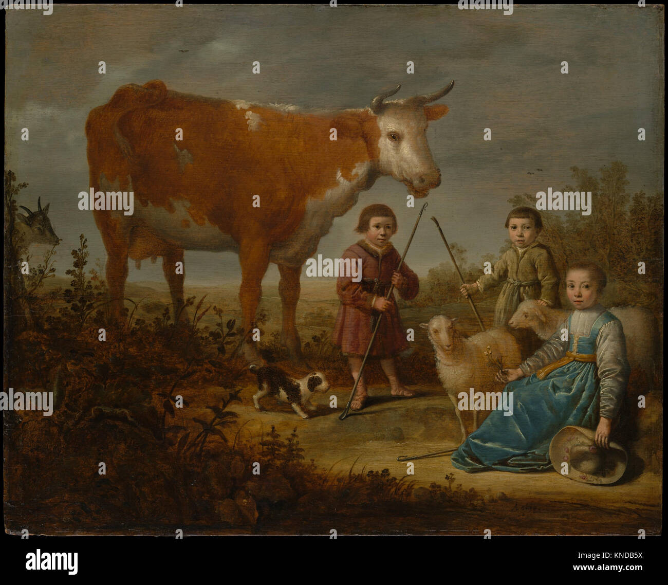 This oil painting by Aelbert Cuyp depicts children interacting with a ...