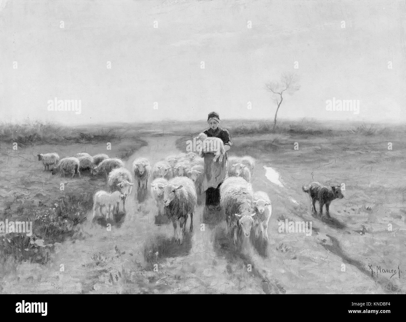A Shepherdess and Her Flock, oil painting by Anton Mauve (1838-1888 ...