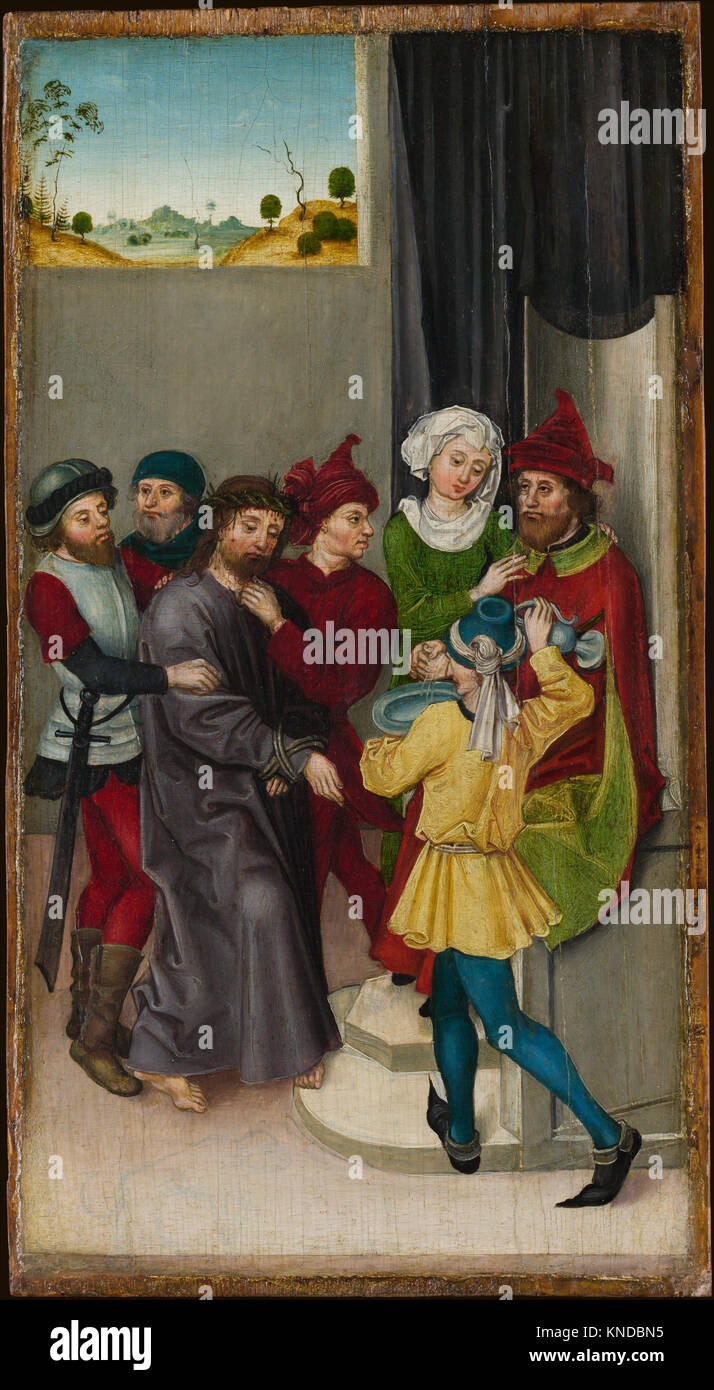 Ludwig Schongauer's oil painting depicts Christ before Pilate and the ...