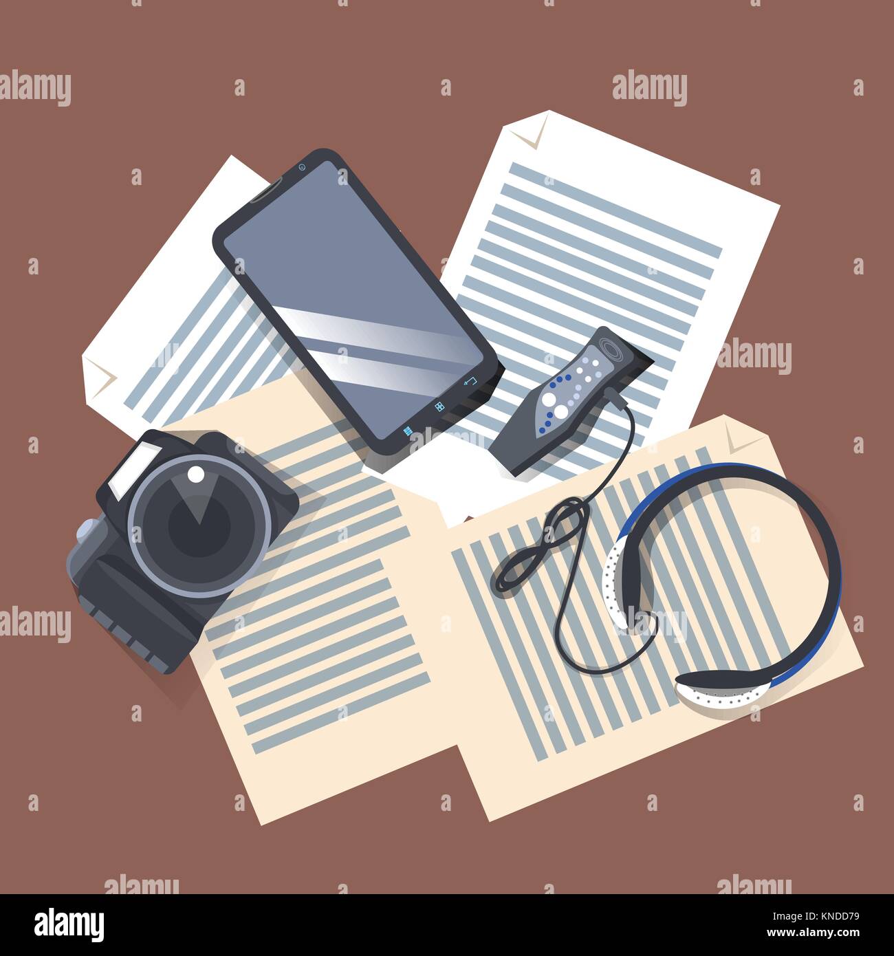 Gadgets On Workplace Top Angle View, Modern Camera, Music Player With ...