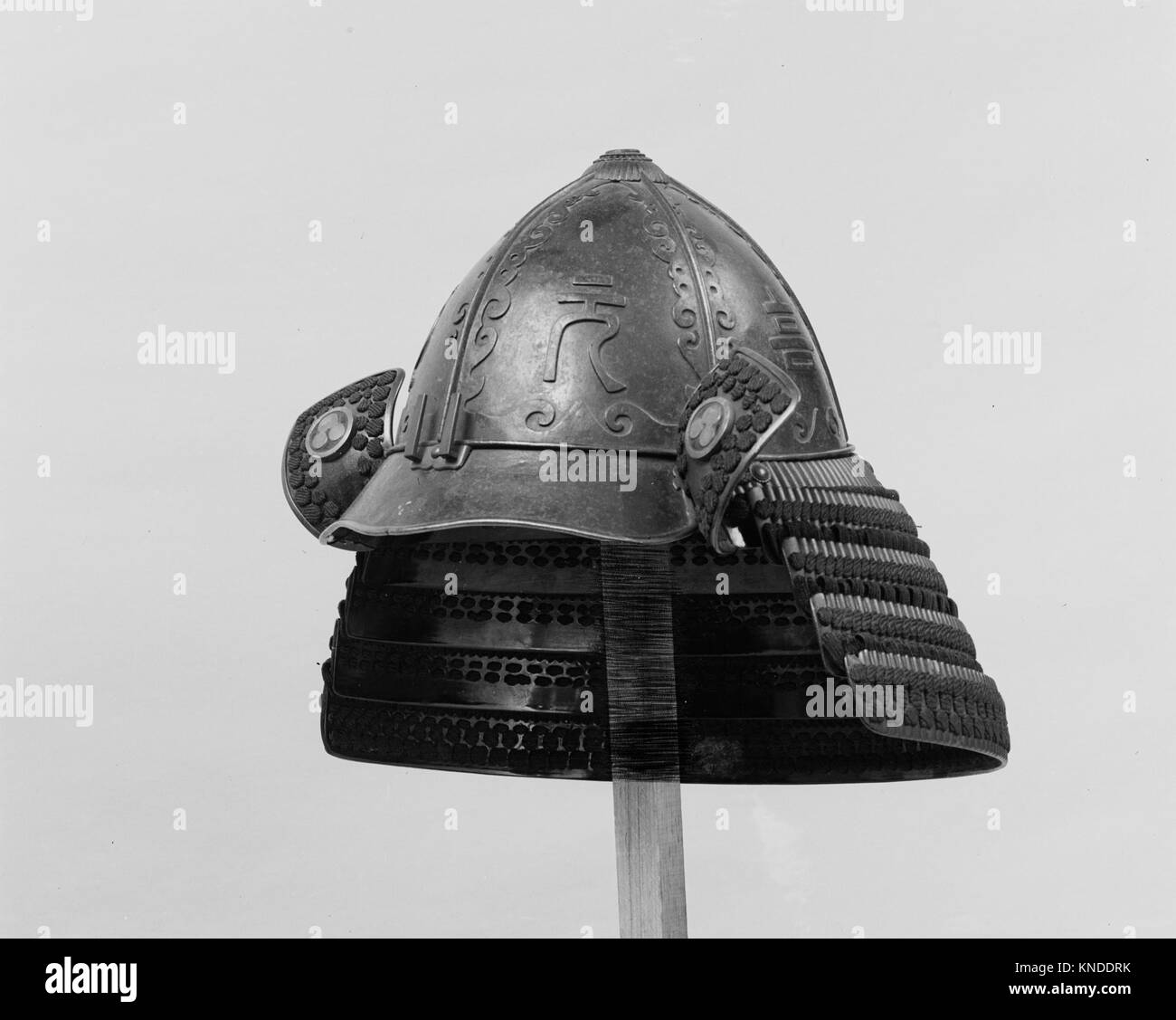This Japanese kabuto helmet features distinctive design elements ...
