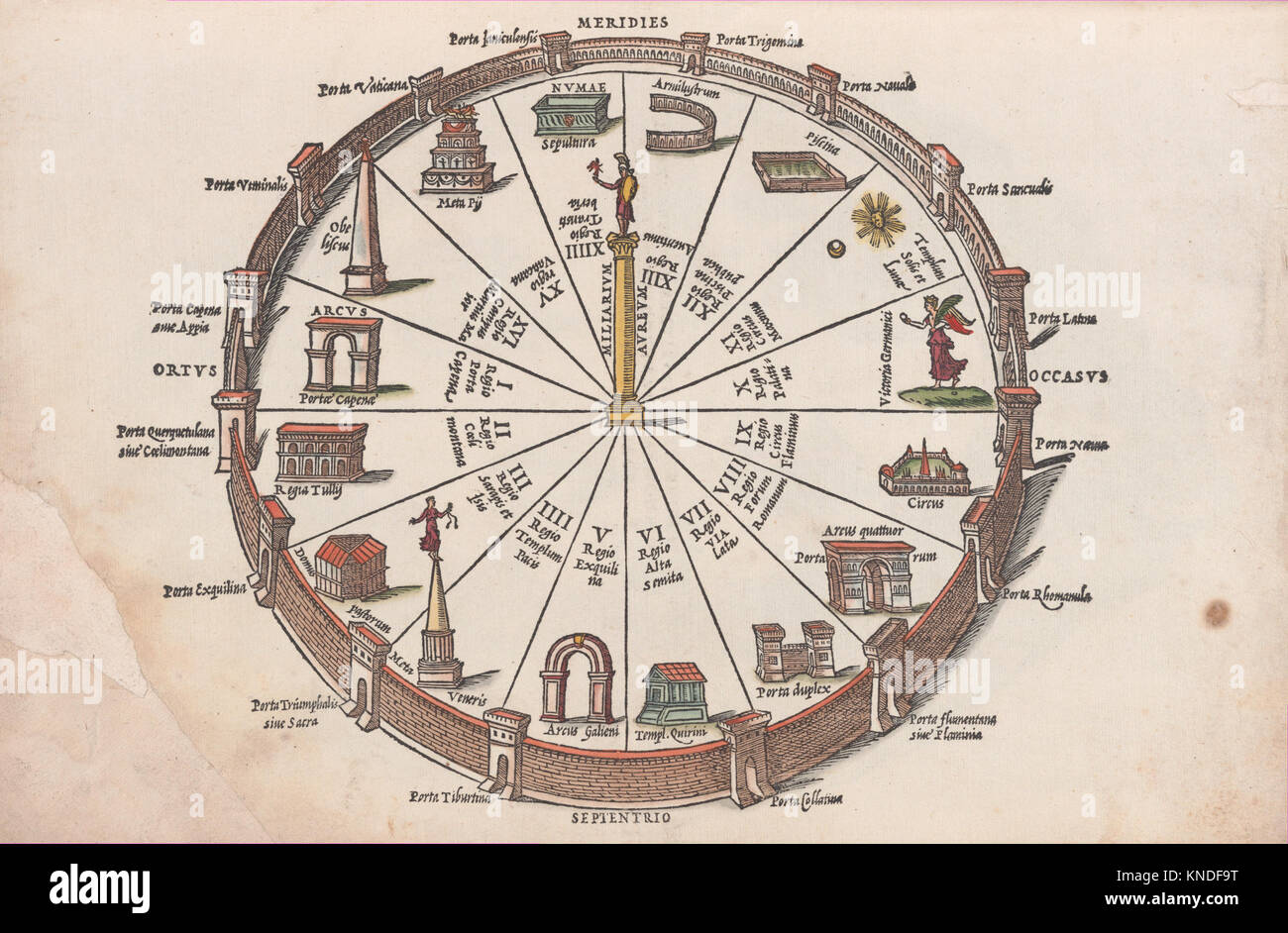 An engraving depicting ancient Rome with its regions, showcasing the ...