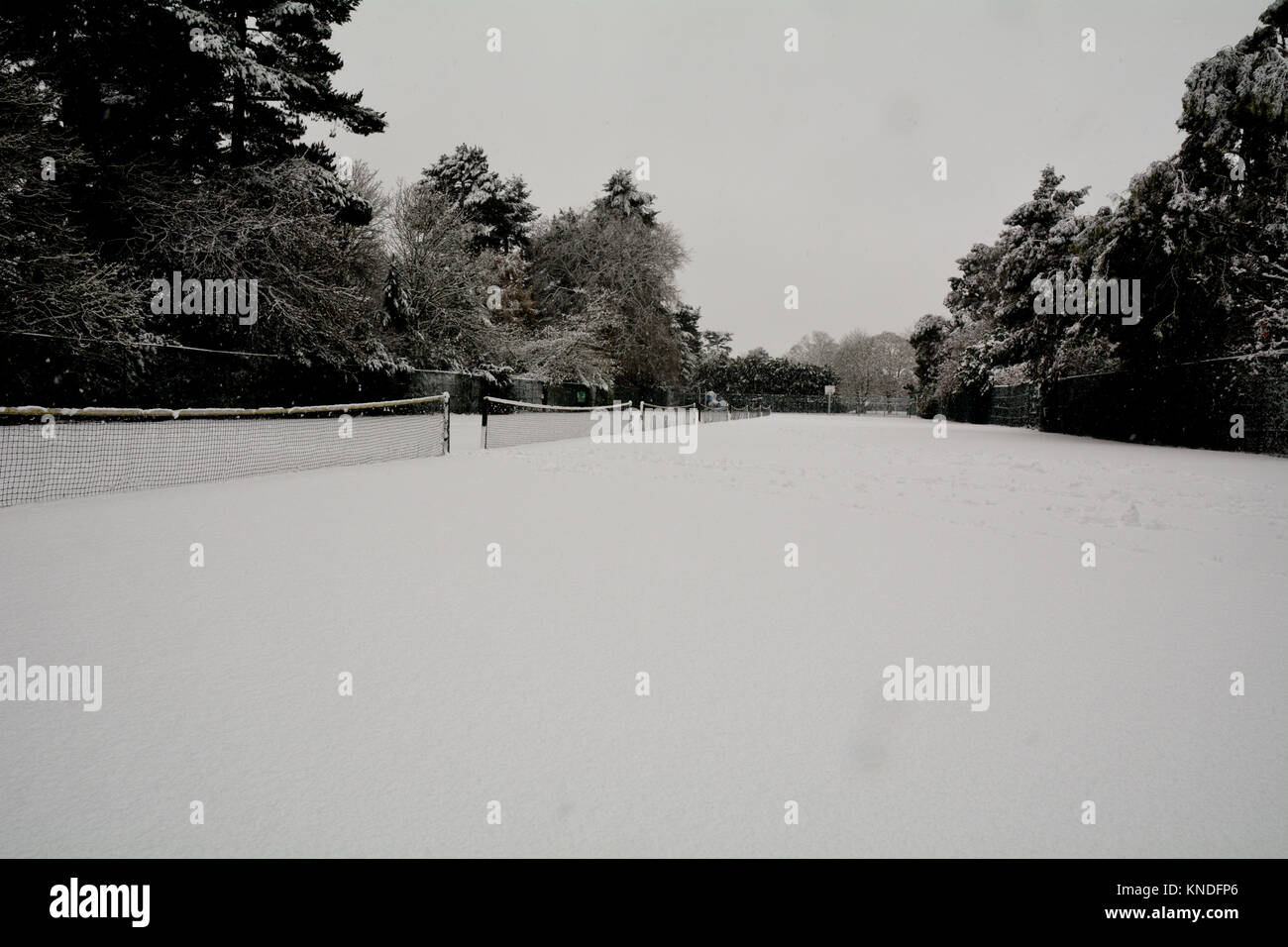 Tennis courts covered in snow on winters day in Bedford Park, Bedford ...