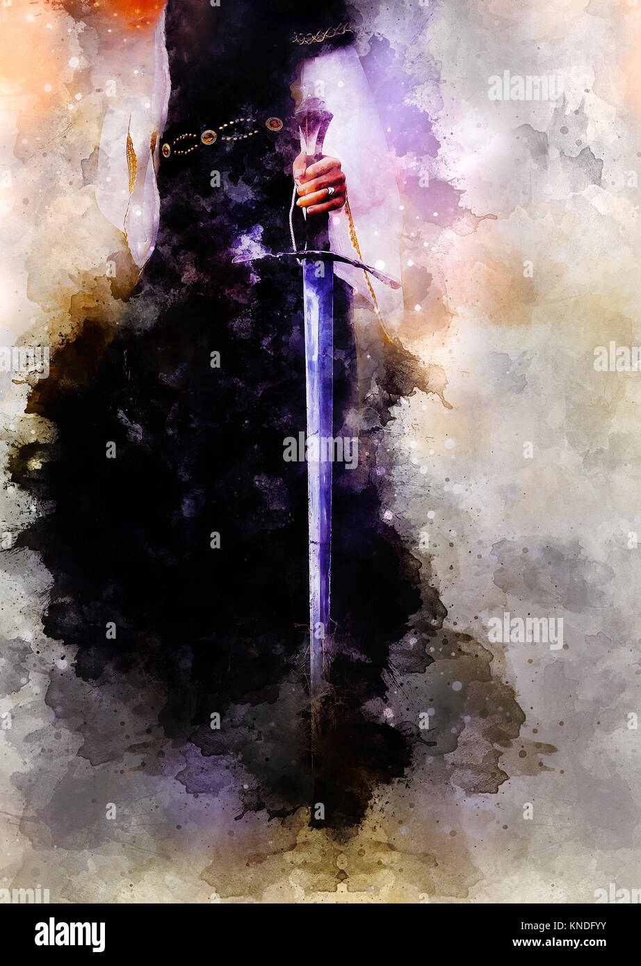 Medieval sword in woman hand and Softly blurred watercolor background ...