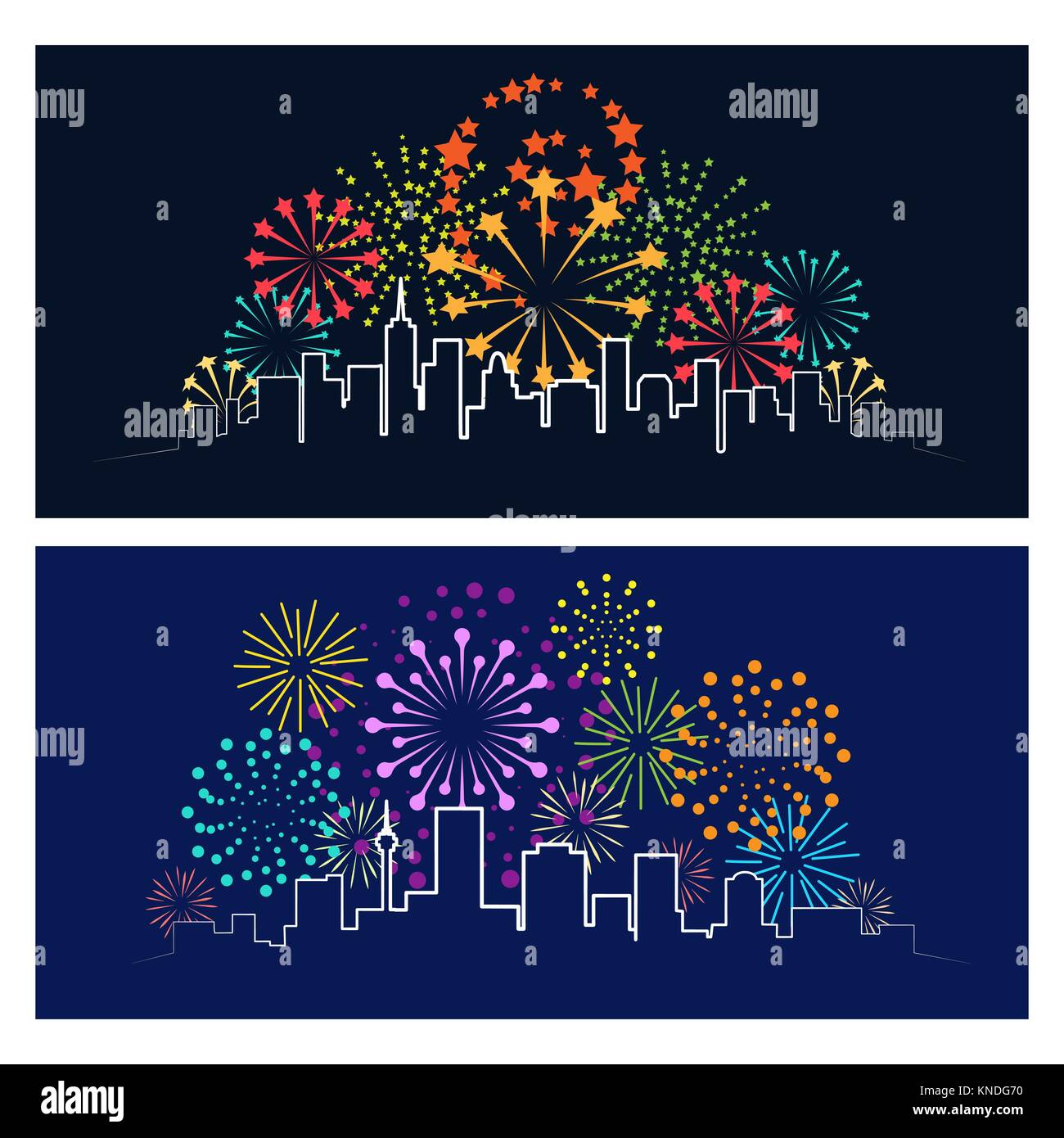 Fireworks city skyline. Celebrating firework over night town panorama ...
