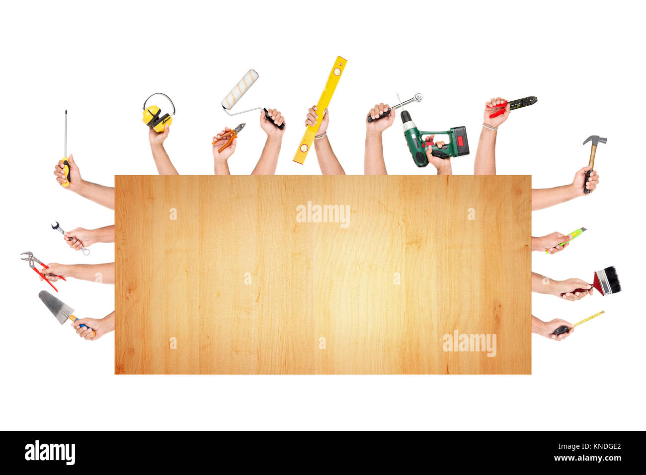 Several hands together with different construction tools Stock Photo ...