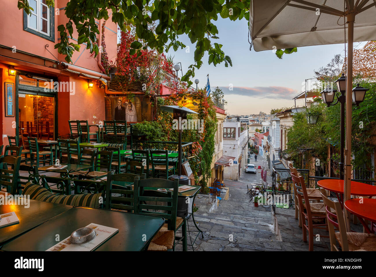 Coffee shops in streets of Plaka, the old town of Athens, Greece Stock ...