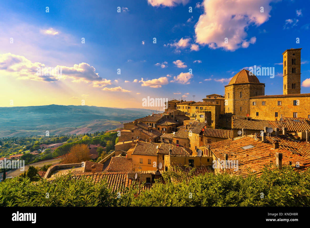Tuscany, Volterra town skyline, church and panorama view on sunset ...