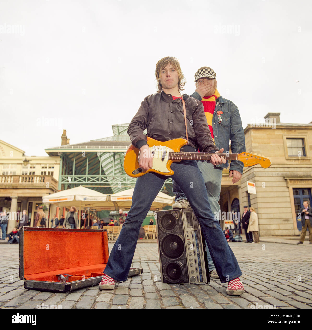 Junior Senior a pop duo from Denmark, photographed busking in Covent ...
