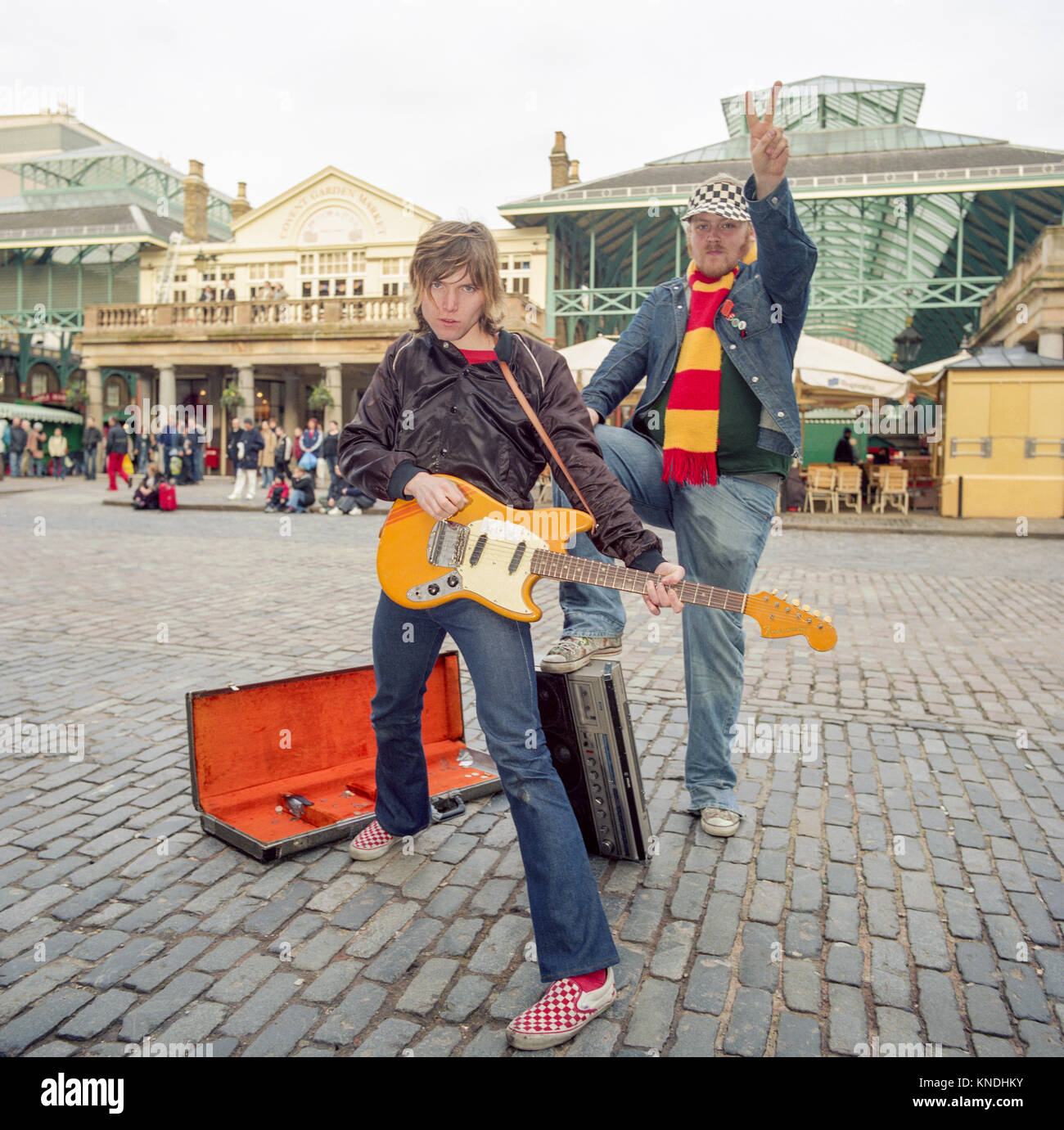 Junior Senior a pop duo from Denmark, photographed busking in Covent ...
