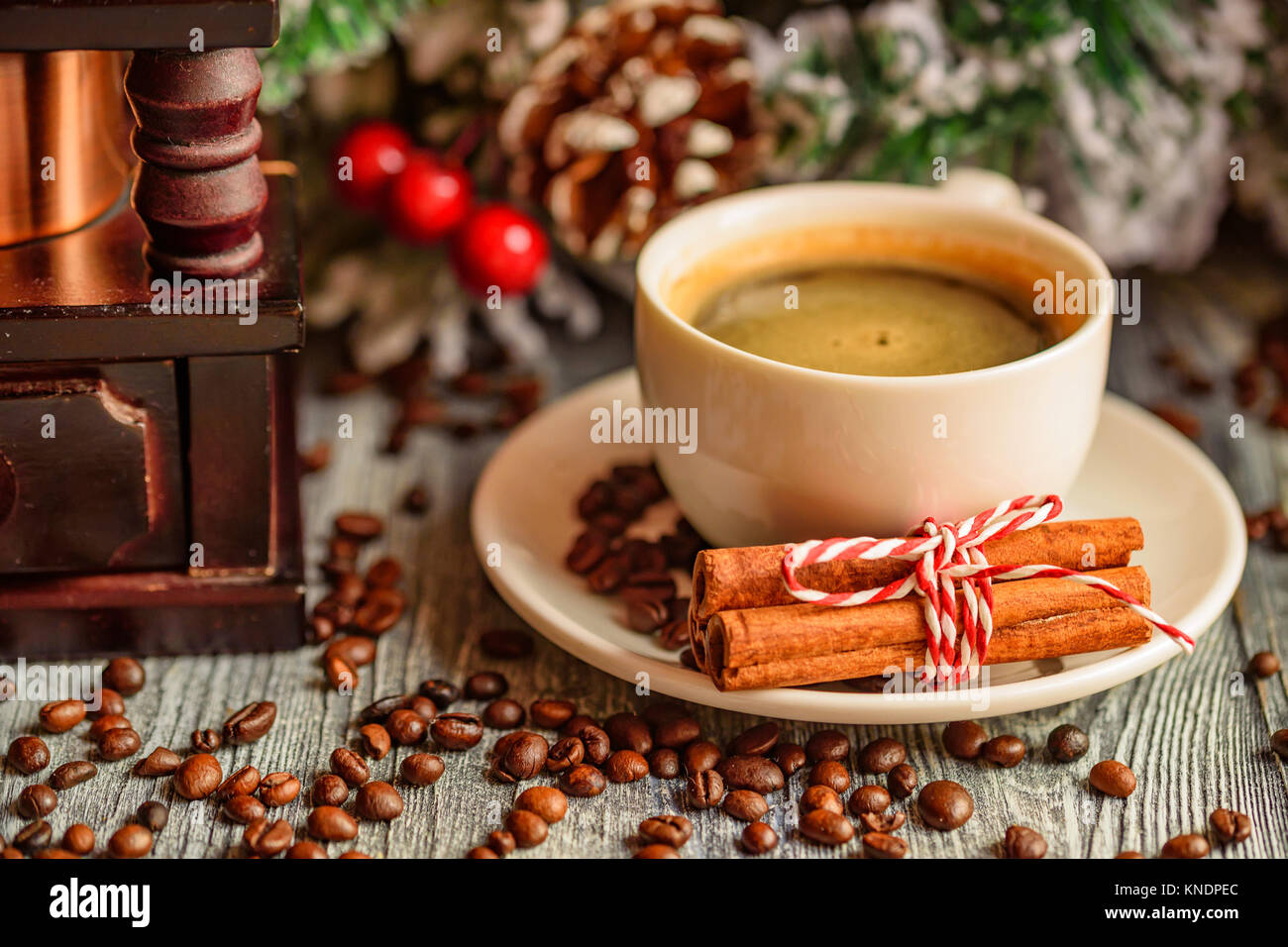 Cozy winter setting with cup of coffee Stock Photo - Alamy