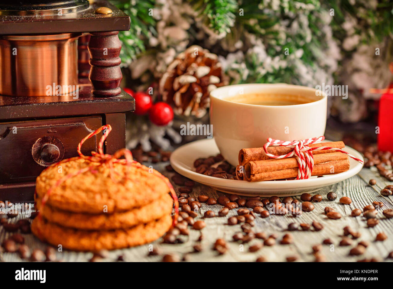 Cozy winter setting with cup of coffee Stock Photo - Alamy