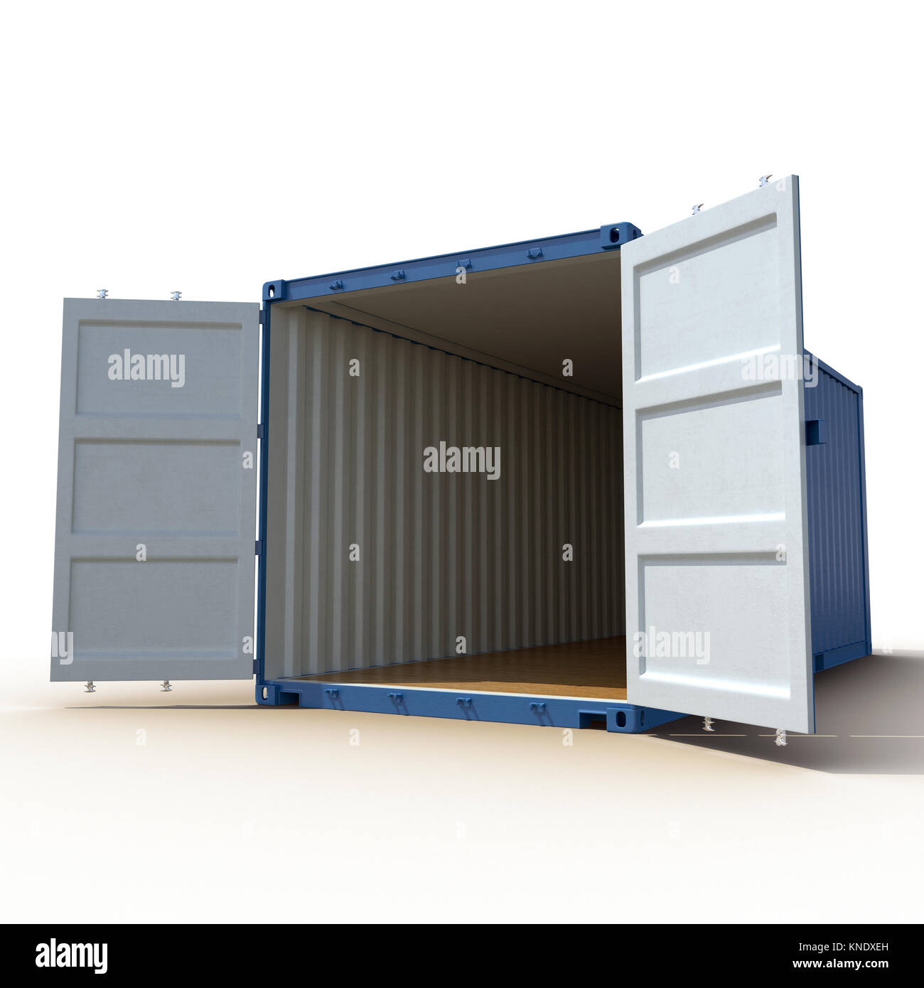 Opened empty blue freight shipping container isolated on white. 3D ...