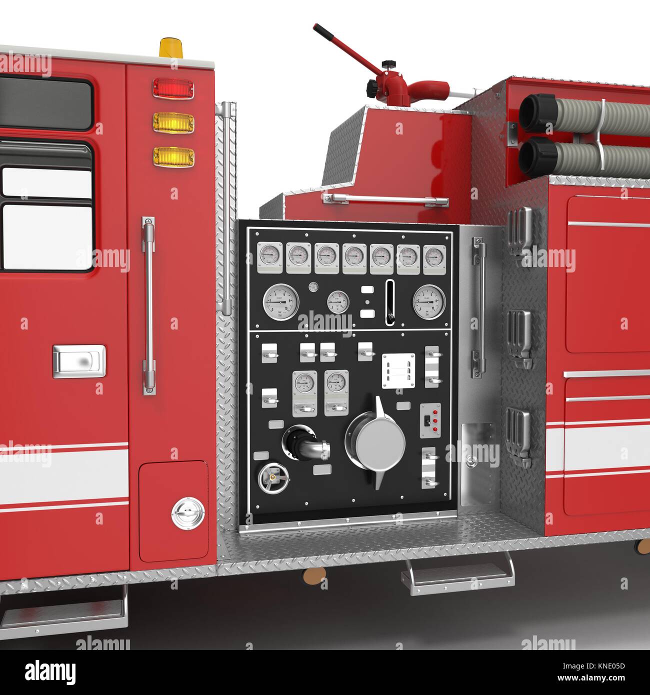 equipment of a modern fire engine on White. 3D illustration Stock Photo ...