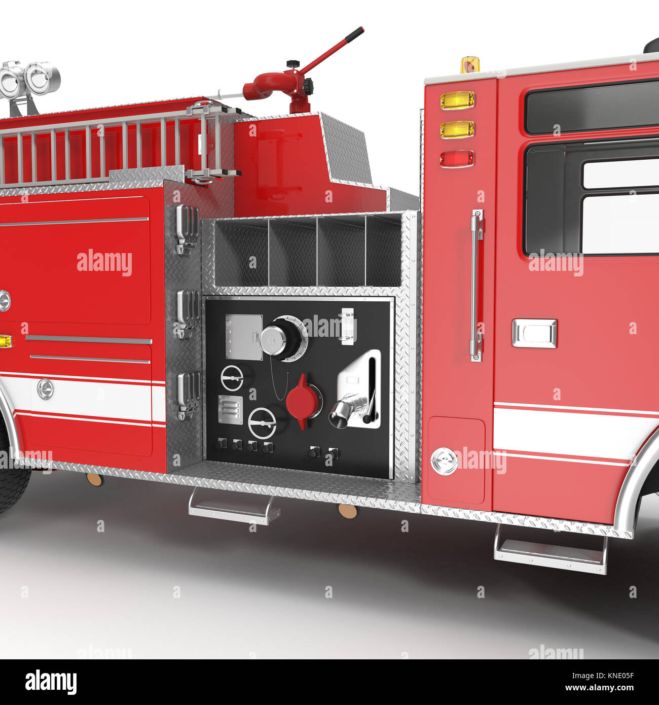 equipment of a modern fire engine on White. 3D illustration Stock Photo ...