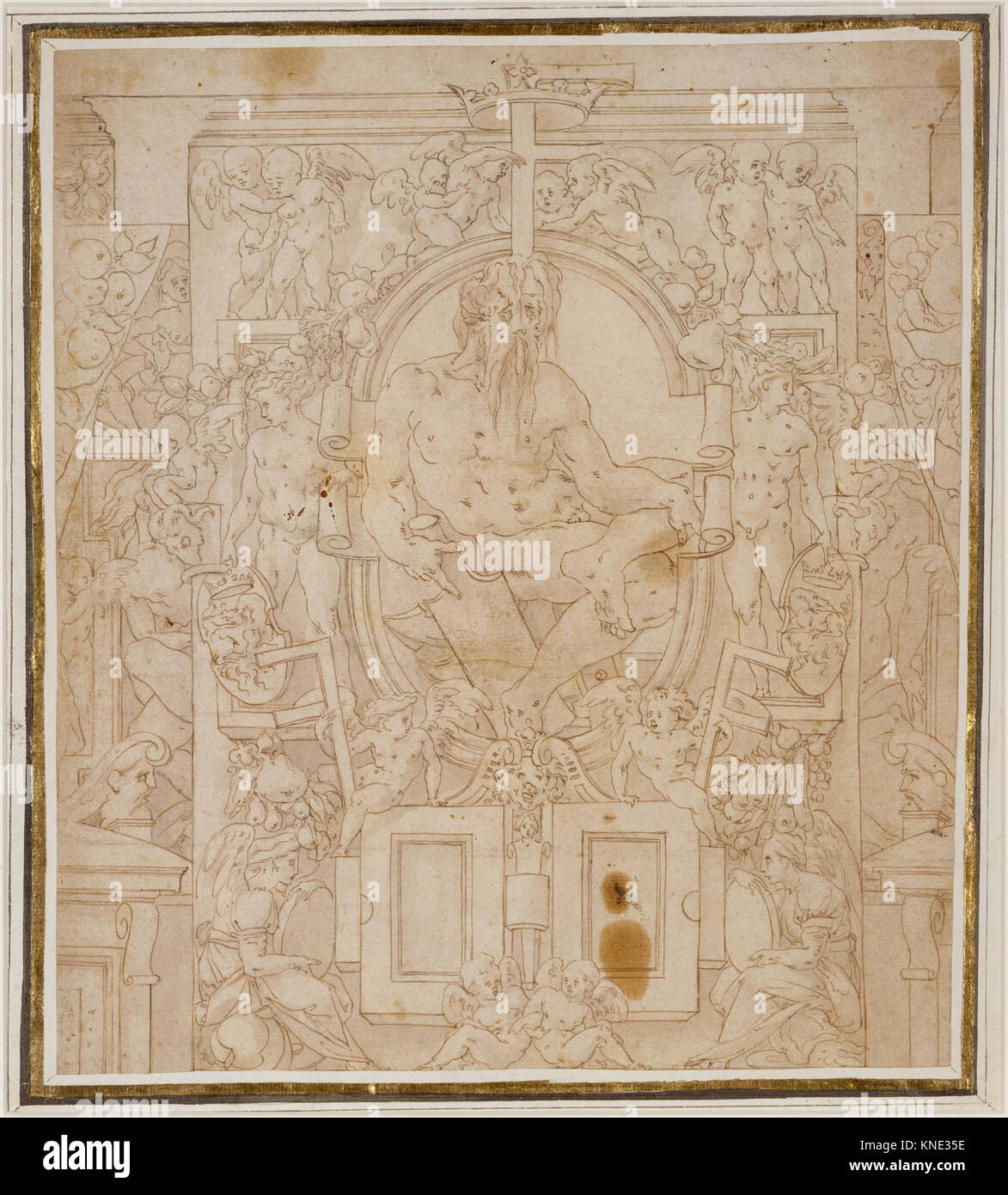 Design for a Wall Decoration with a River God and Putti carrying the ...