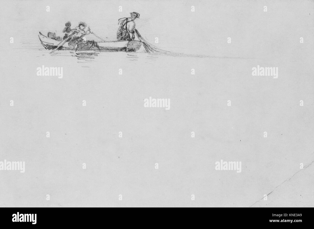 This artwork depicts fishermen with nets, capturing a traditional scene ...