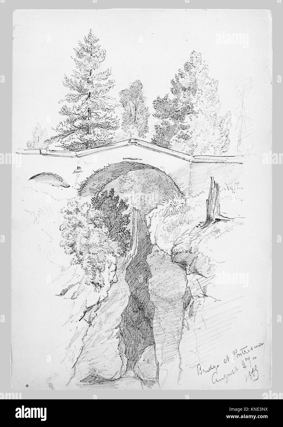 This sketch from 1869 depicts a bridge at Pontresina, Switzerland. The ...