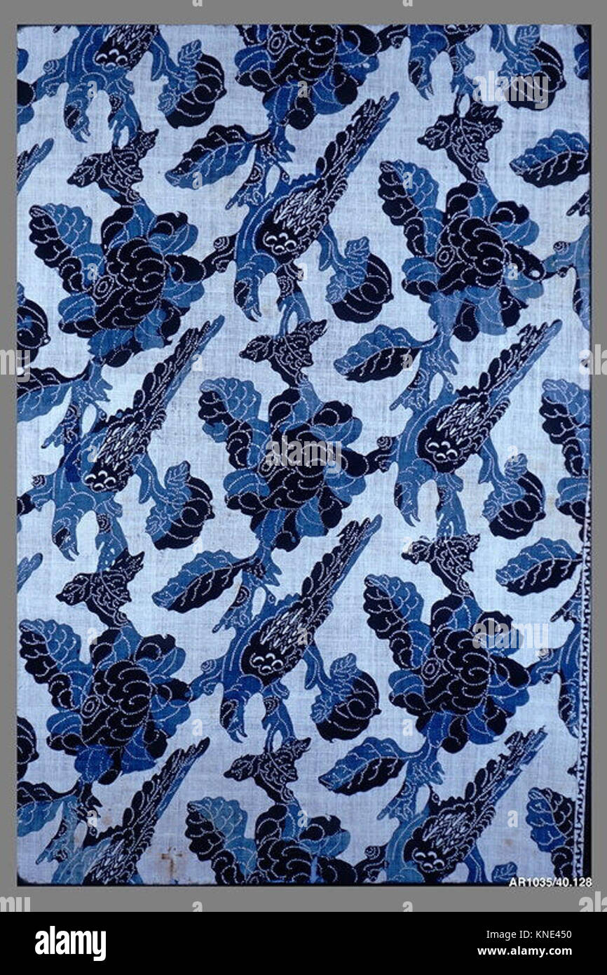 A blue-resist panel, showcasing a traditional resist-dyeing technique ...