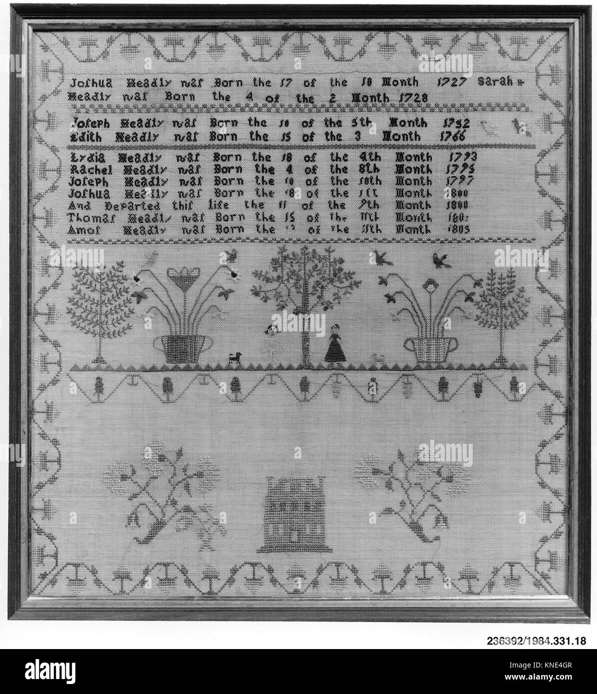 This embroidered sampler demonstrates detailed needlework, combining ...