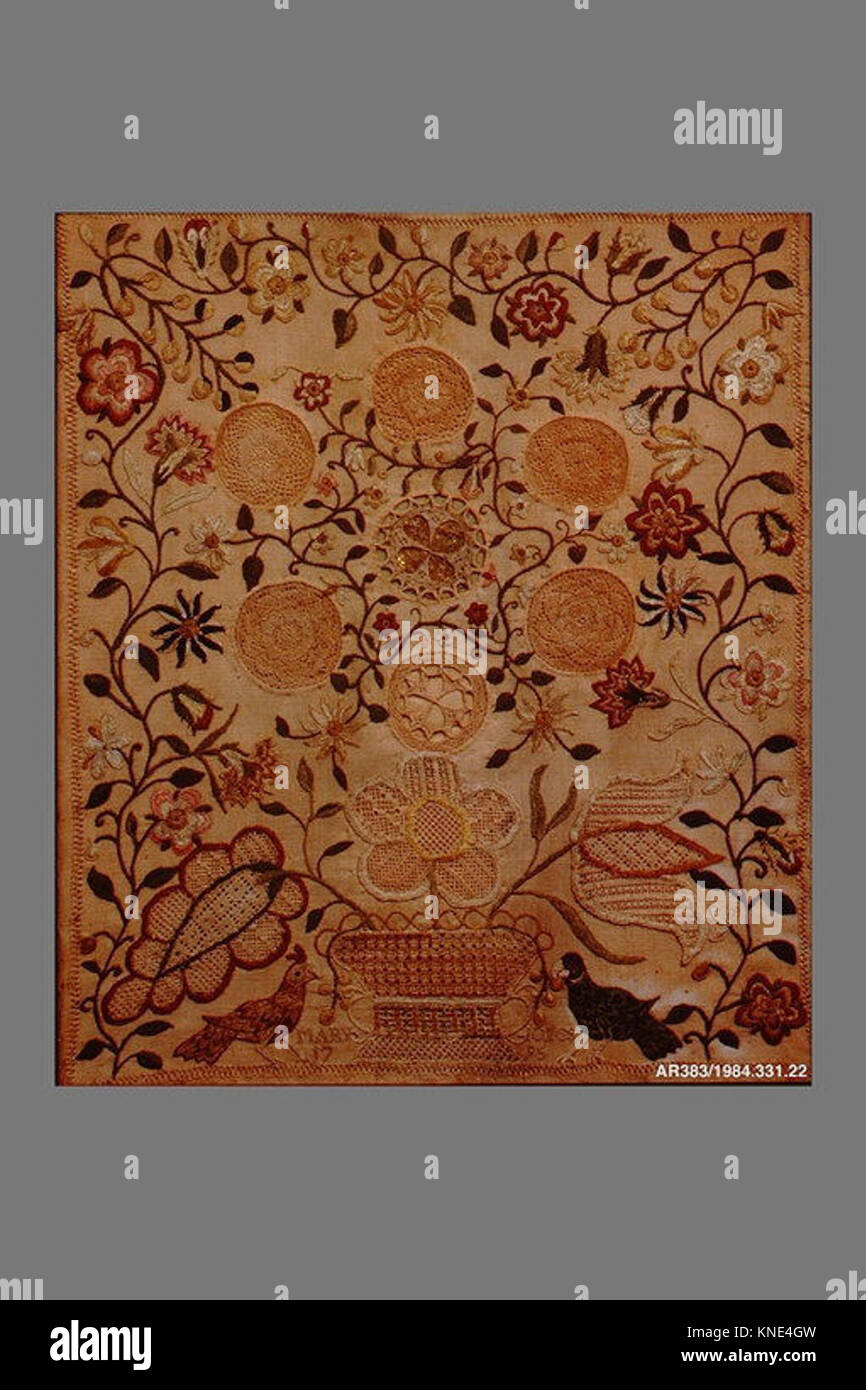 This embroidered sampler, labeled MET AR383, showcases intricate ...