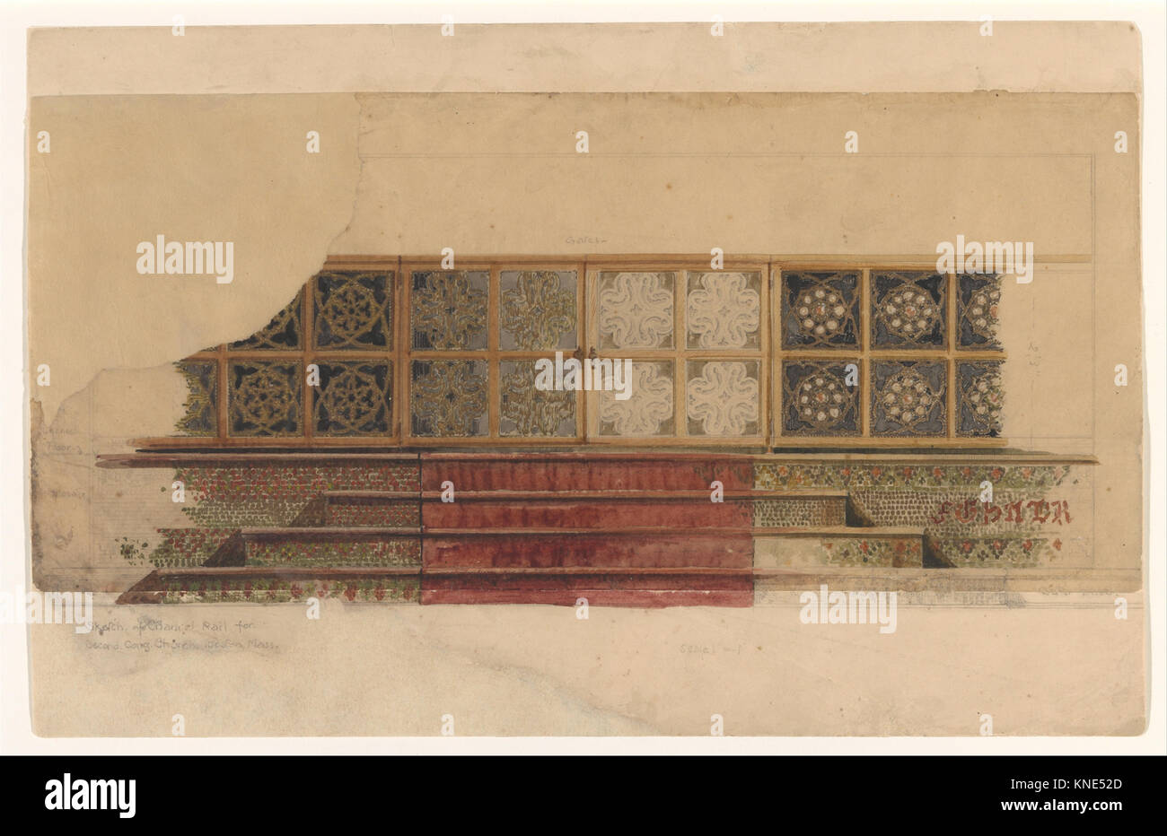 This design for a chancel rail depicts architectural and decorative ...