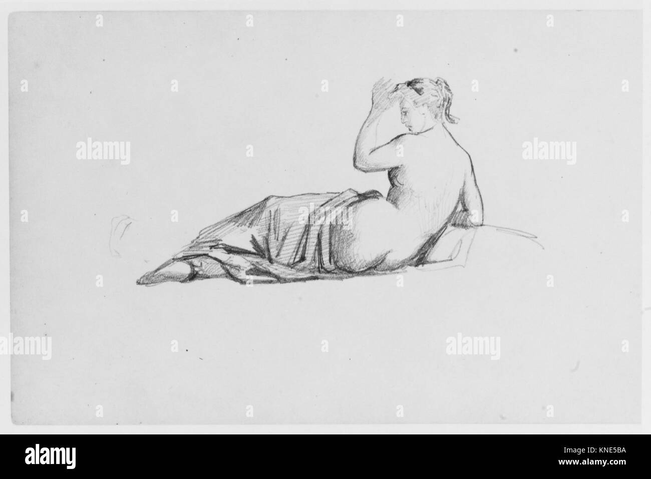 This sketch depicts a classical female figure draped in flowing attire ...