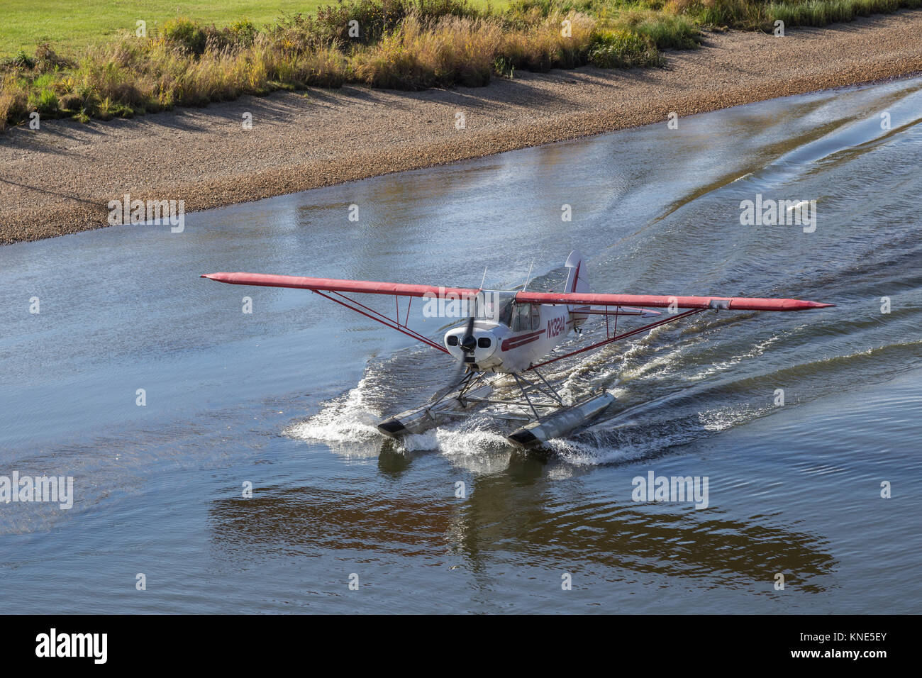 Floatplane landing on the Chena River in the fall (autumn) in Fairbanks ...