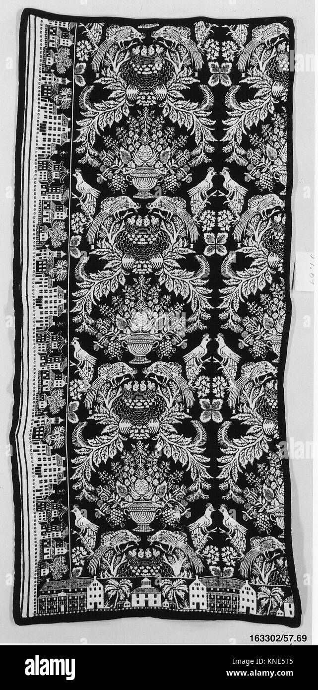 This fragment of a coverlet, crafted from fabric, features intricate ...