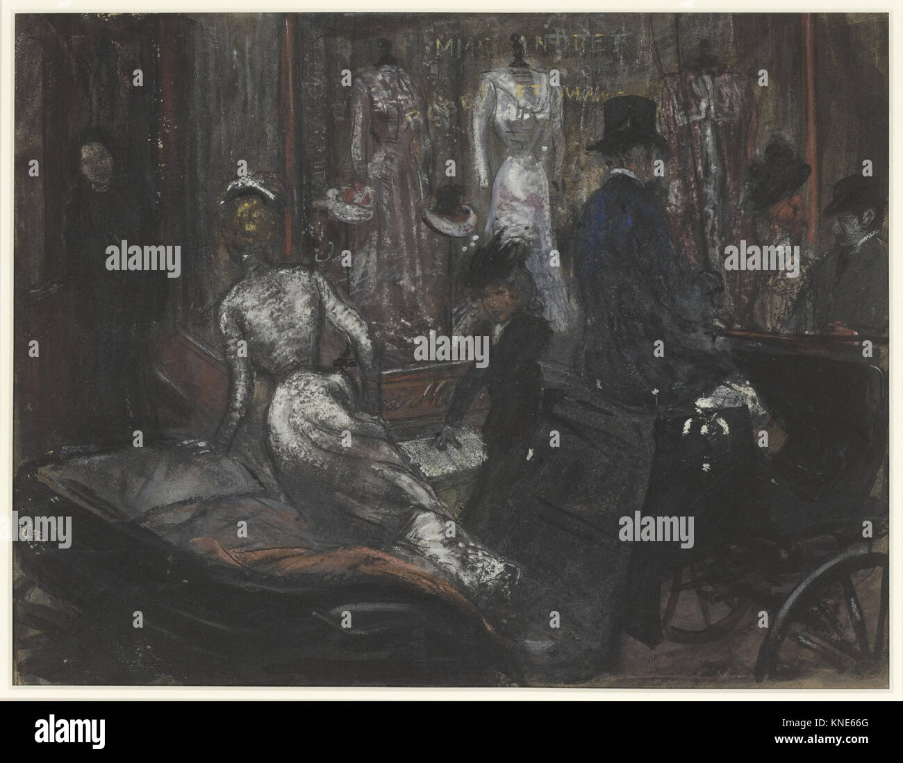 The painting 'At the Milliner's' depicts a millinery shop scene ...