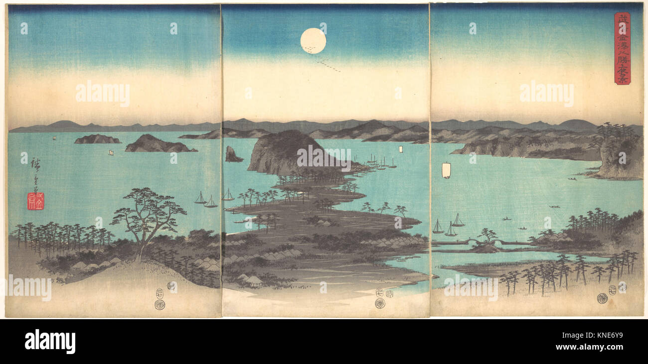 A woodblock print depicting 'Full Moon at Kanazawa' in Musashi Province ...