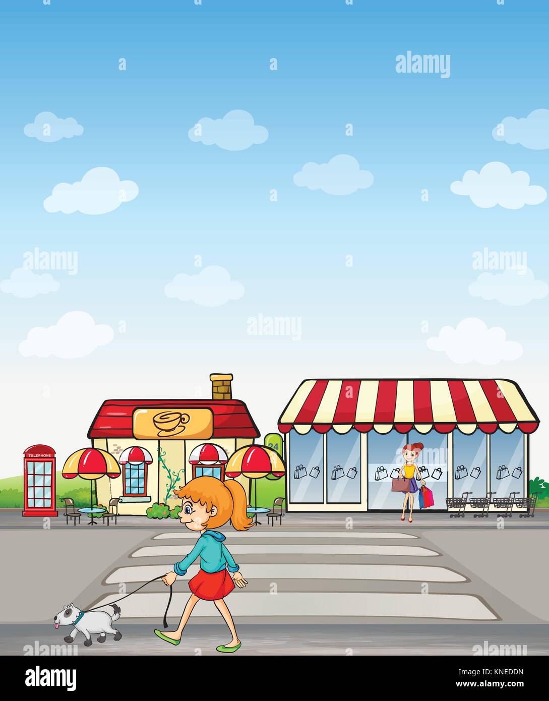 Illustration of girl walking on a road and a coffee house Stock Vector ...