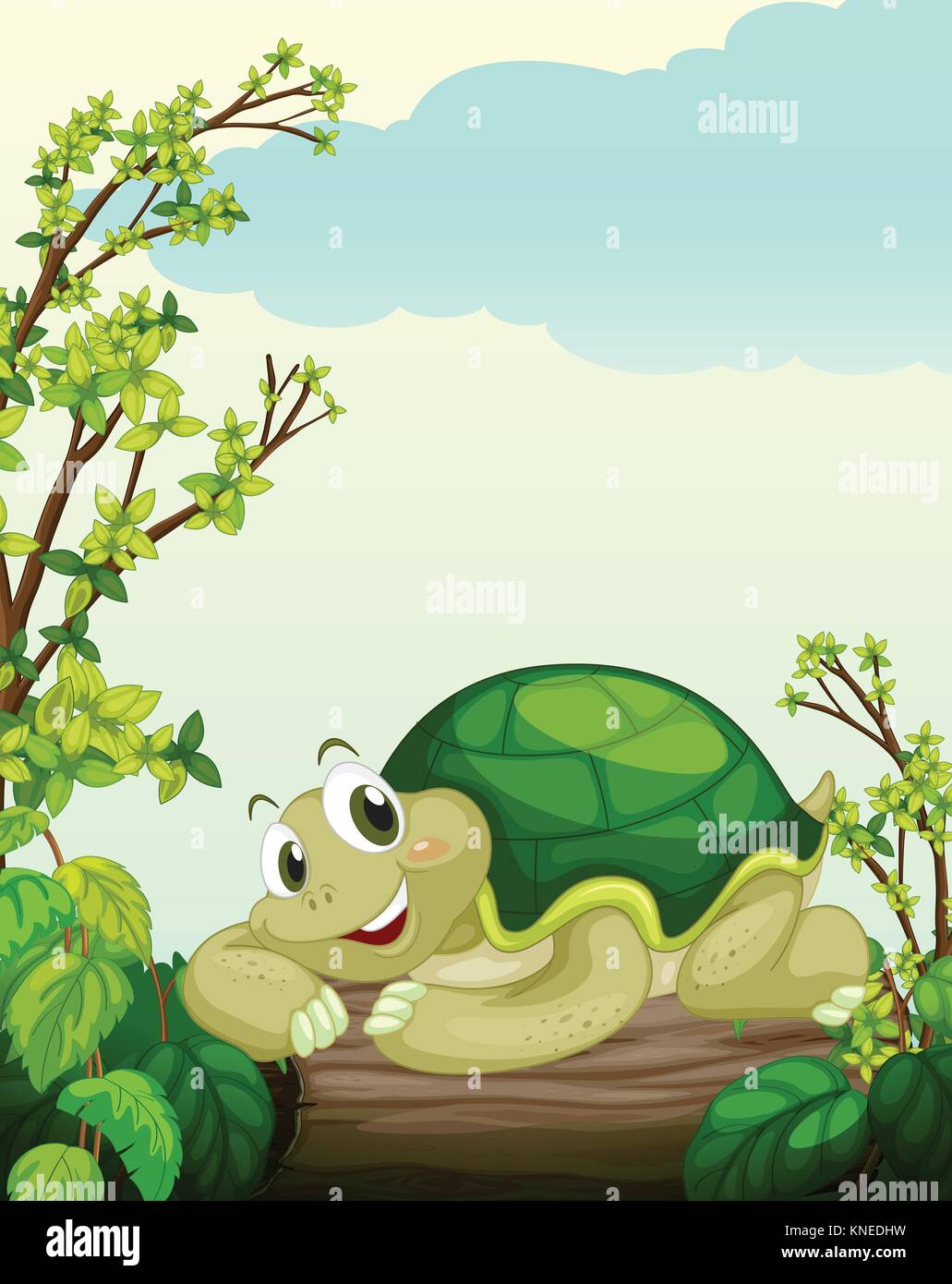 Illustration of a turtle lying on dry wood in a beautiful nature Stock ...