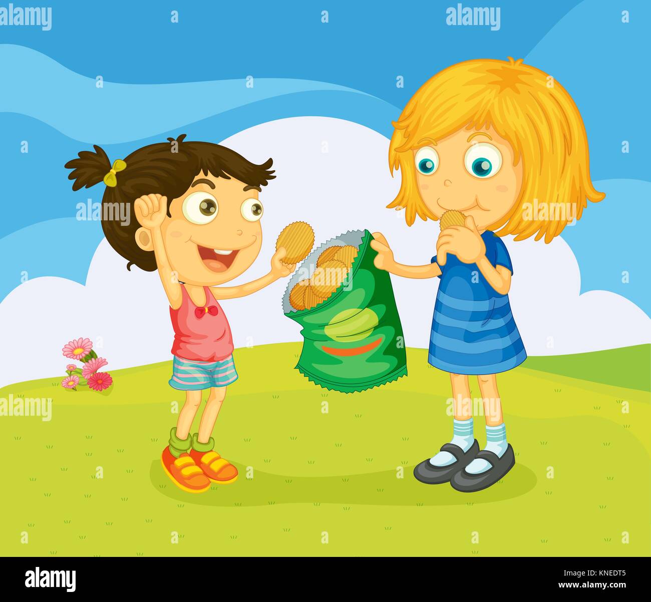 Illustration of girls eating biscuits in a beautiful nature Stock ...