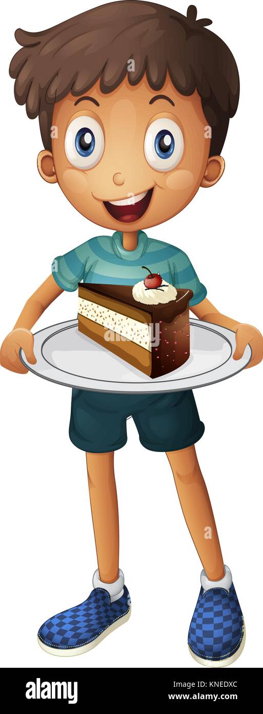 Illustration of a smiling boy with cake on a white background Stock ...