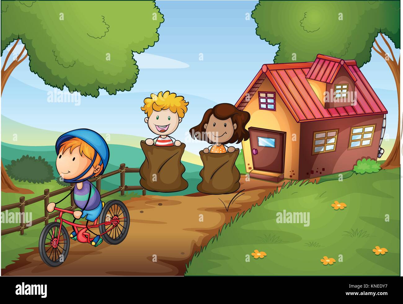 Illustration of a sack race between two young girls and a boy riding a ...