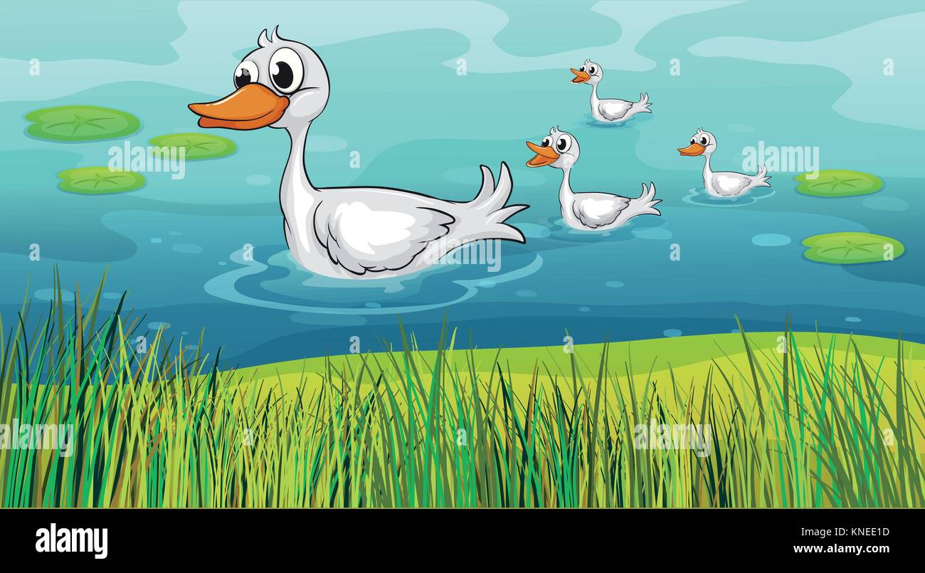 Illustration of a mother duck being followed by the little ducks Stock ...