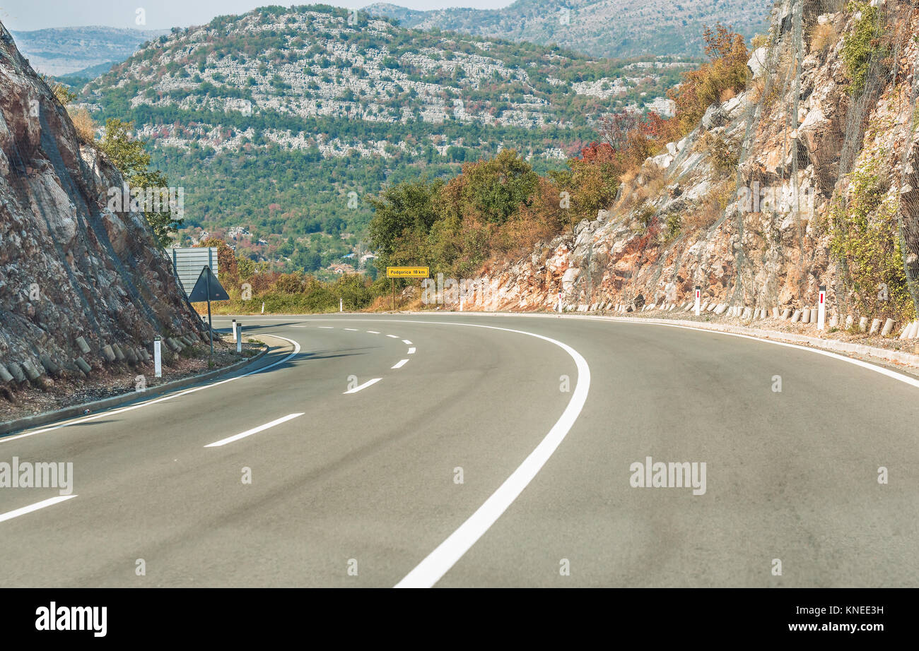 Road, highway in the Balkan Mountains, Montenegro. The inscription on ...