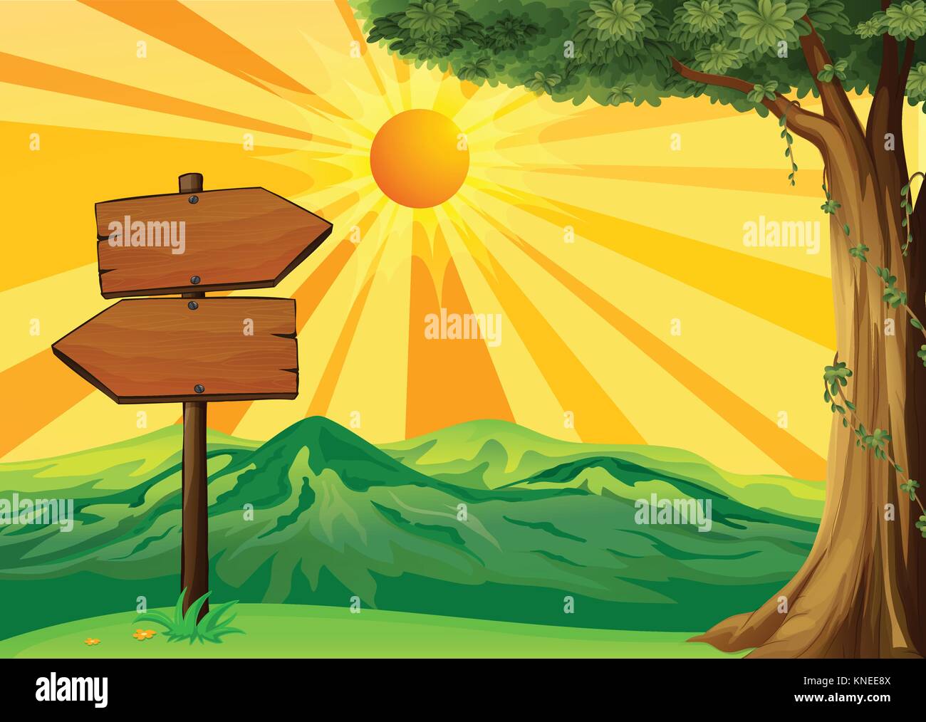 Illustration of a wooden signboard with a view of the sunset Stock ...