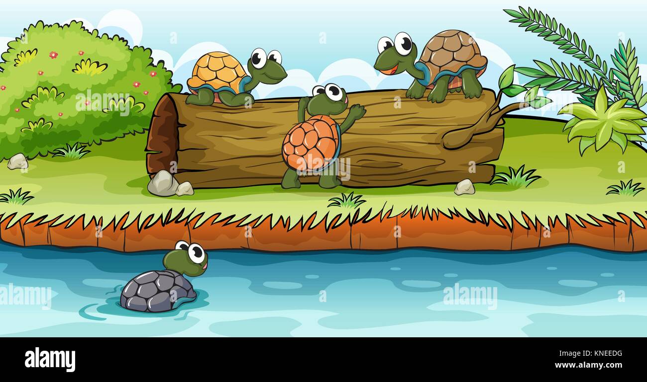 Illustration of turtles on a dry wood in a beautiful nature Stock ...