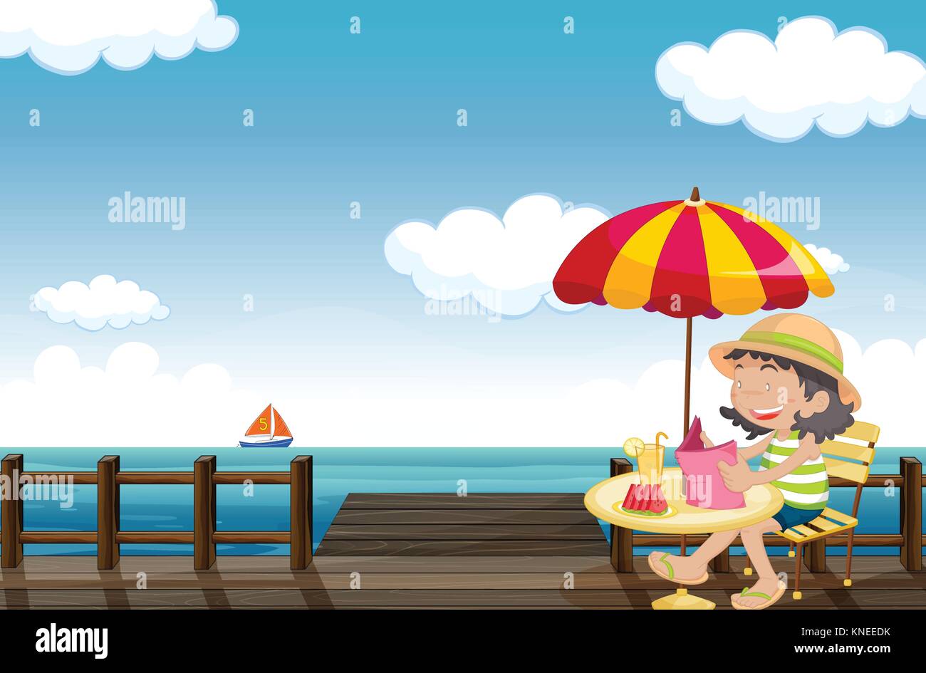 Illustration of a young girl reading at the seaside Stock Vector Image ...