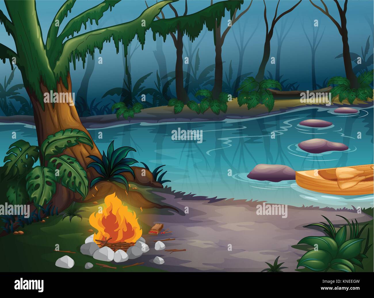 Illustration of a river and a camp fire in a scary jungle Stock Vector ...