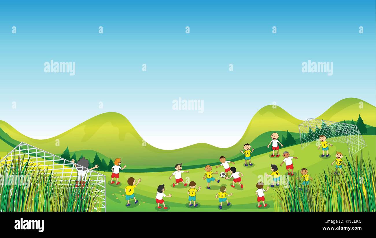 Illustration of children playing on an open field on a sunny day Stock ...