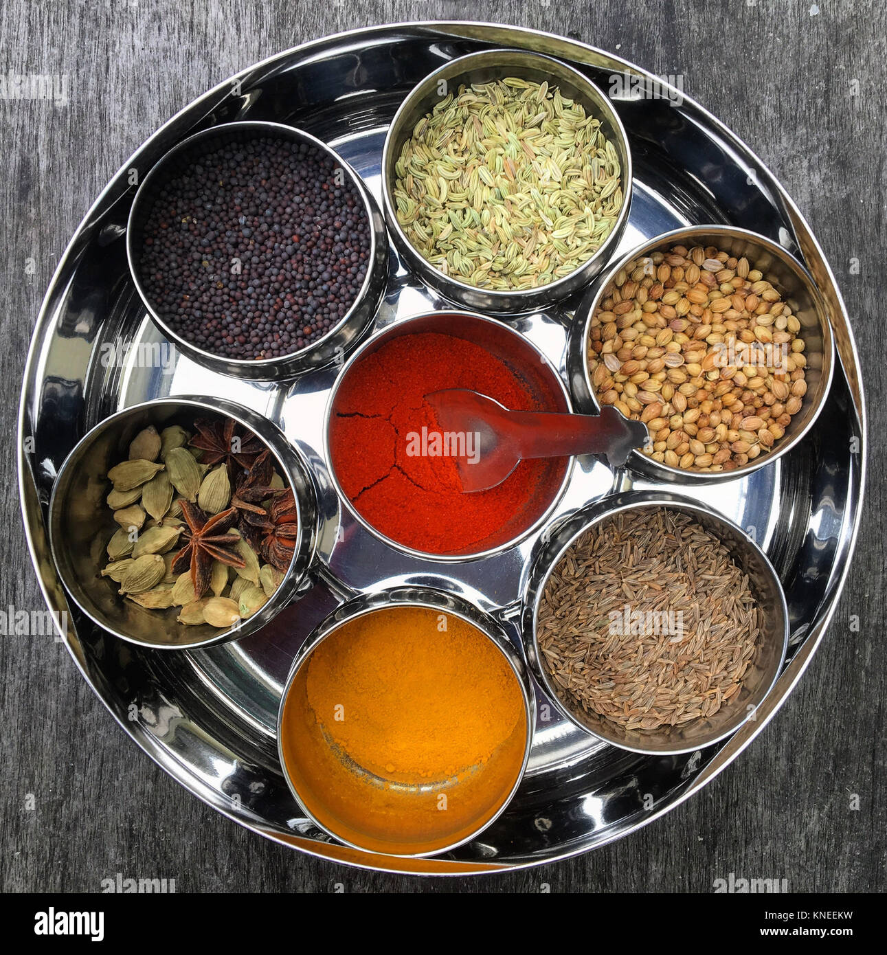 Spice selection in a metal dish Stock Photo - Alamy