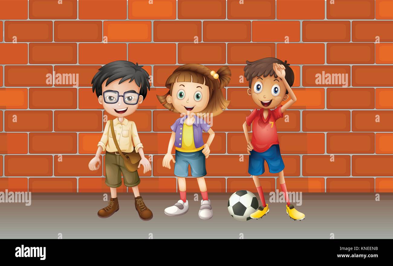 Illustration of boys and a girl standing in front of wall Stock Vector ...